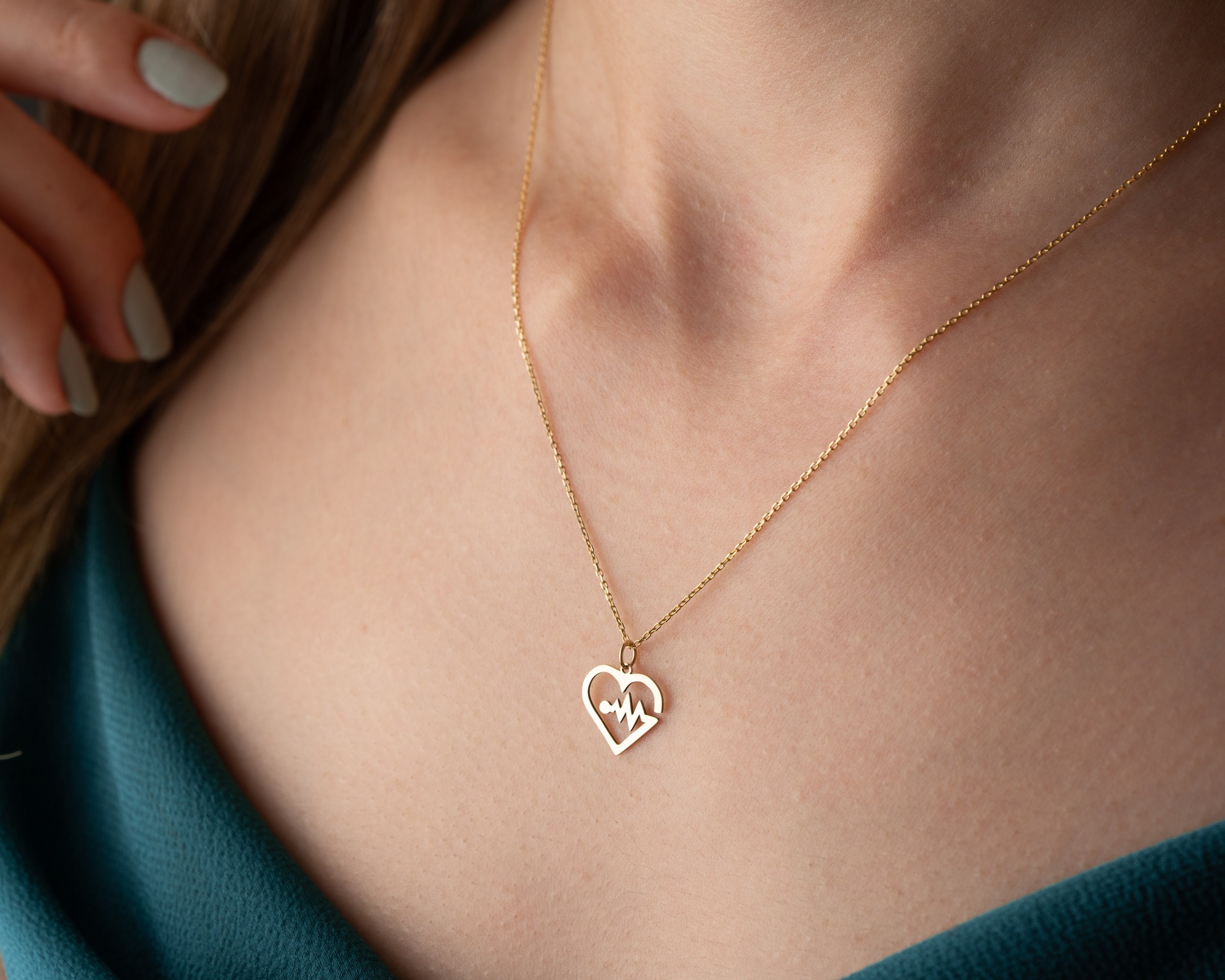 14K Solid Gold Heartbeat Necklace 14K Real Gold Hearyt Rhythm Necklace ...