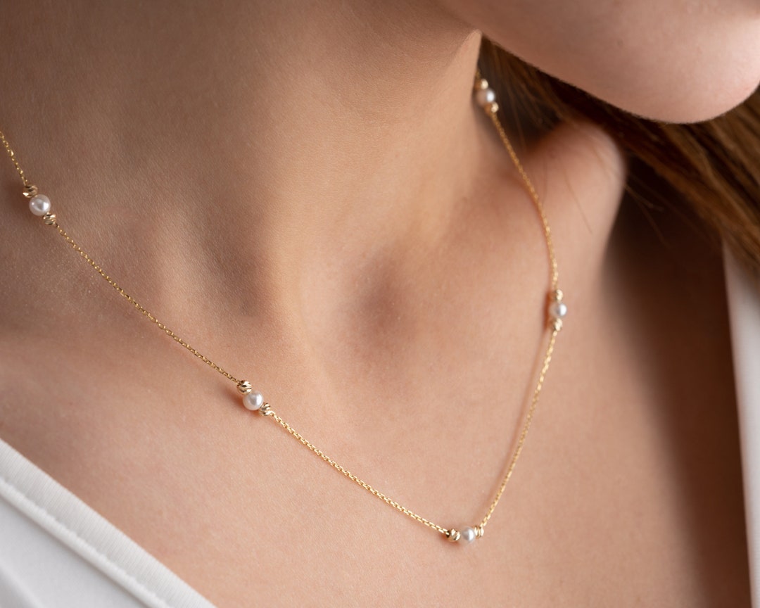 14K Solid Gold Pearl Bead Necklace • 14K Real Gold Freshwater Pearl Necklace • Layering Necklace ...