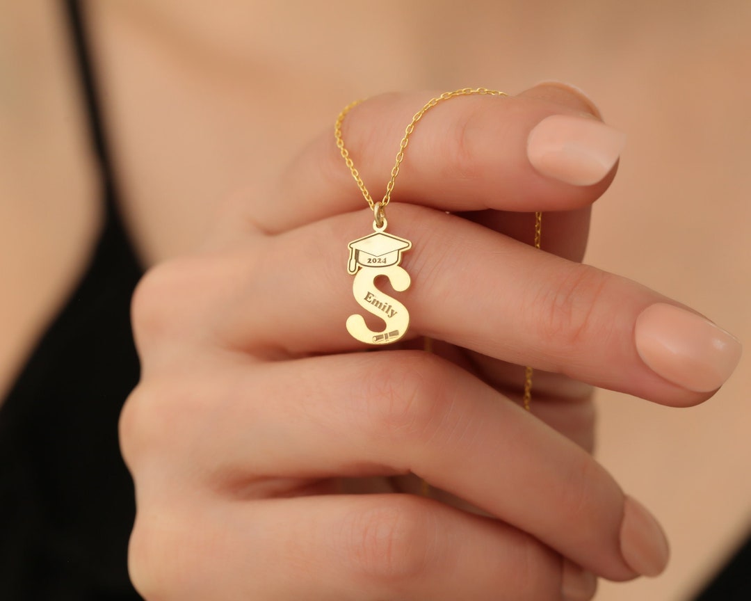 14K Solid Gold Graduation Necklace, Real Gold Letter Grad Cap Necklace ...