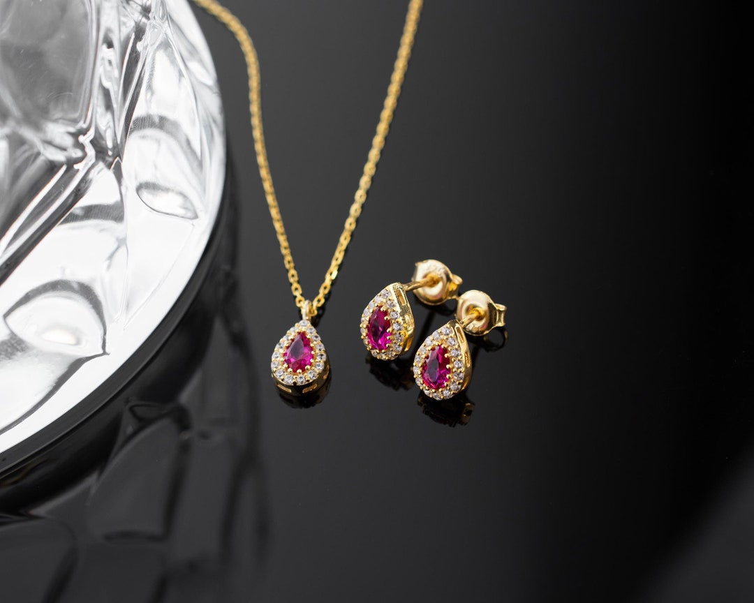 Ruby Birthstone Jewelry Set, July Birthstone Teardrop Necklace and ...