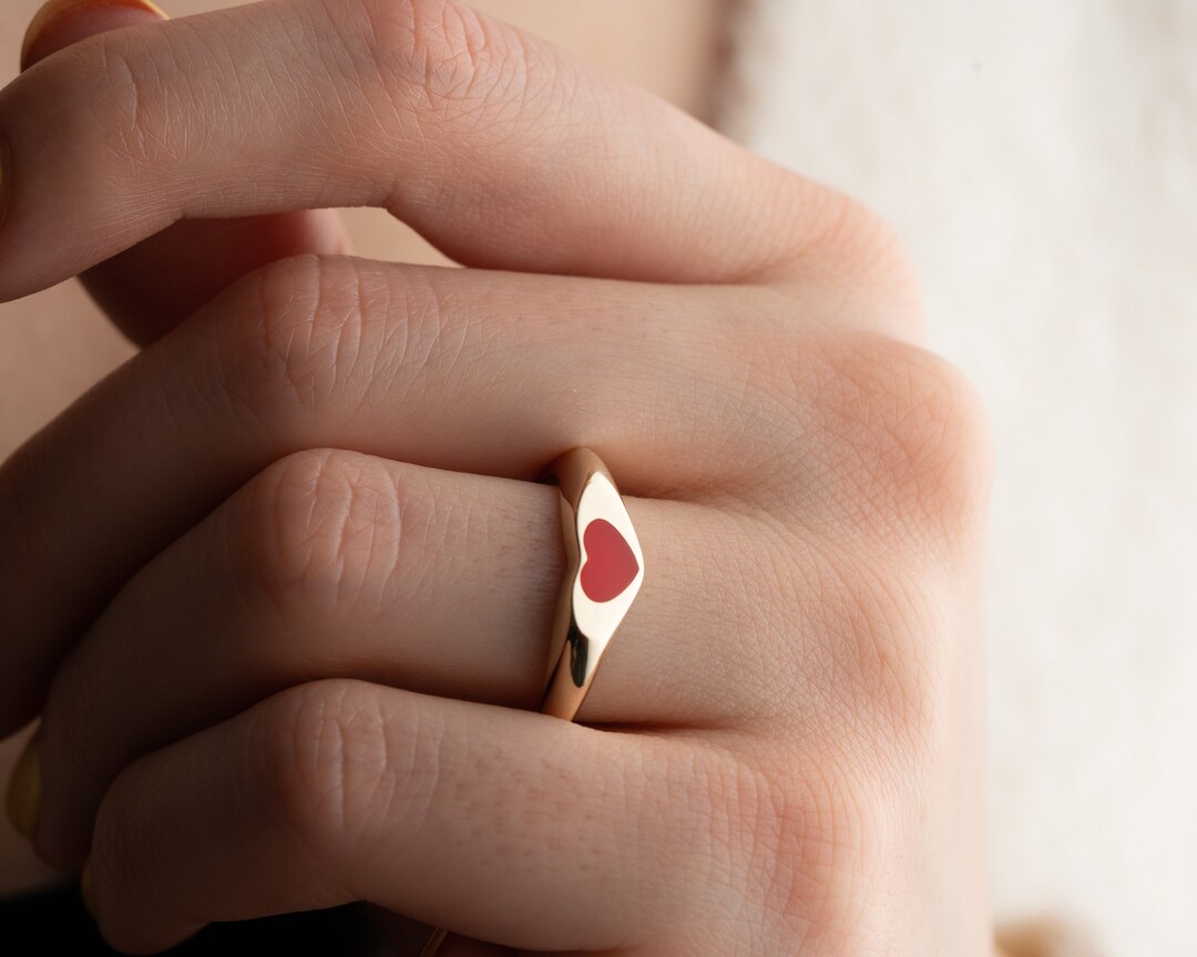 14K Solid Gold Minimalist Red and Blue Heart Rings Real Gold Love Ring ...