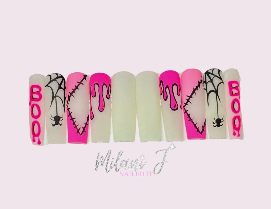 Pink Boo Nails Pink Halloween Nails Acrylic Nails - Etsy
