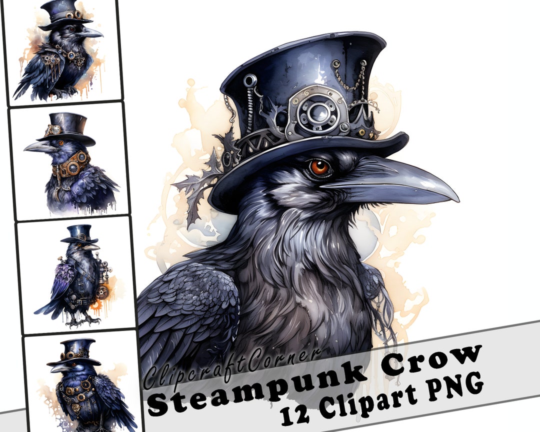12 Steampunk Crow Clipart PNG Animal Bundle | Watercolor Steampunk Crow ...