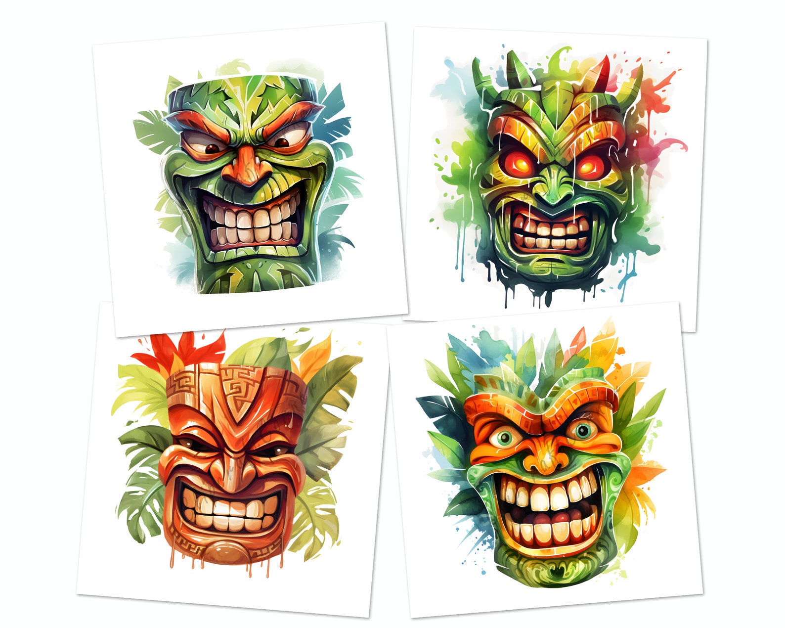 12 Tiki Mask Clipart PNG Bundle Tropical Watercolor Clipart PNG Summer ...