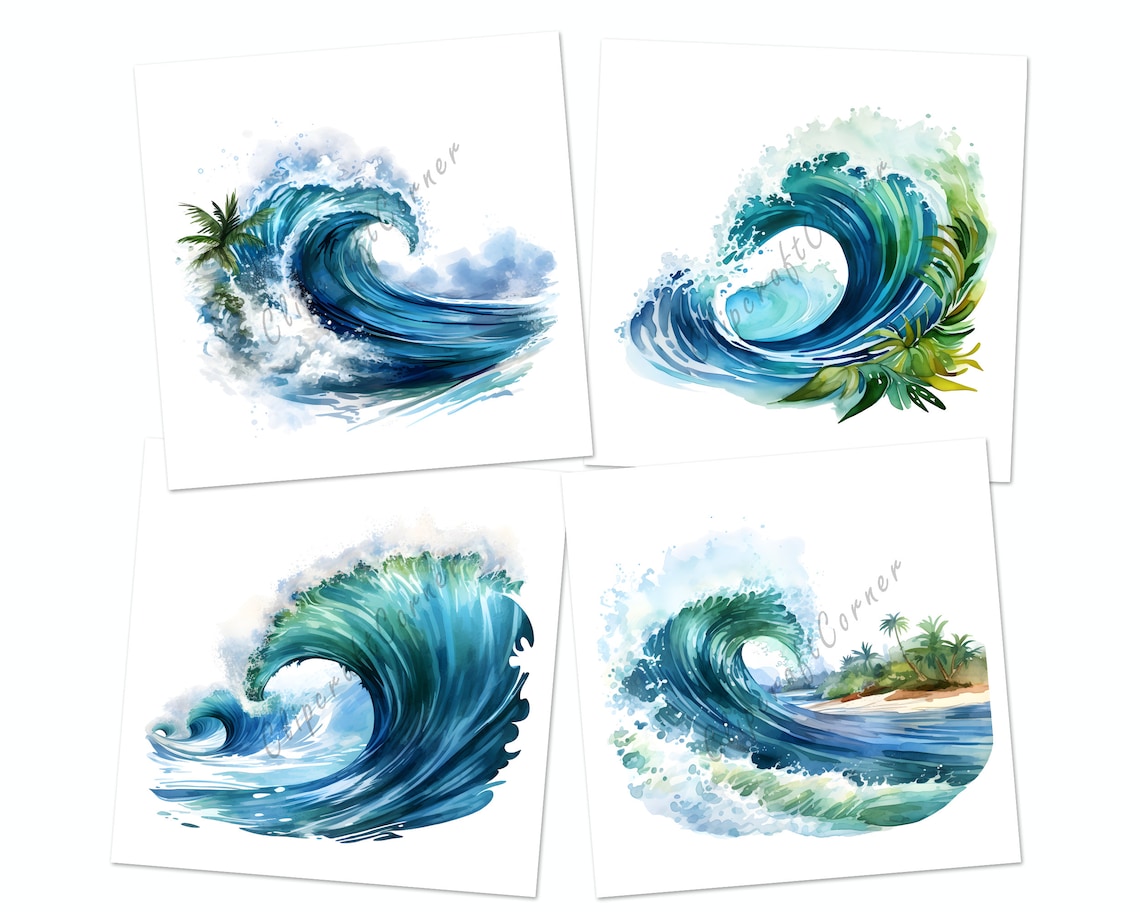 12 Surfing Wave Clipart PNG Bundle Tropical Beach Watercolor Clipart ...