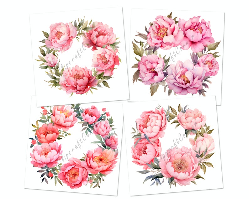 12 Peony Wreath Flowers Clipart PNG | Watercolor Peony Floral Wreath ...