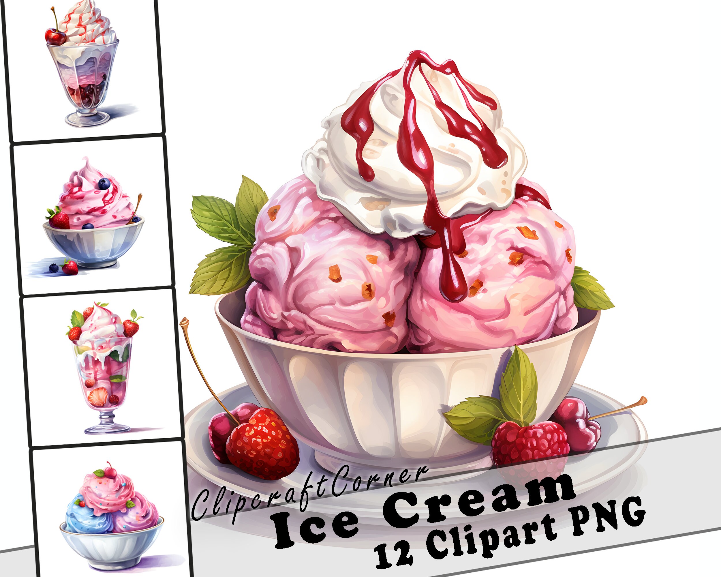 12 Ice Cream Clipart PNG Bundle | Watercolor Dessert Clipart PNG | Food ...