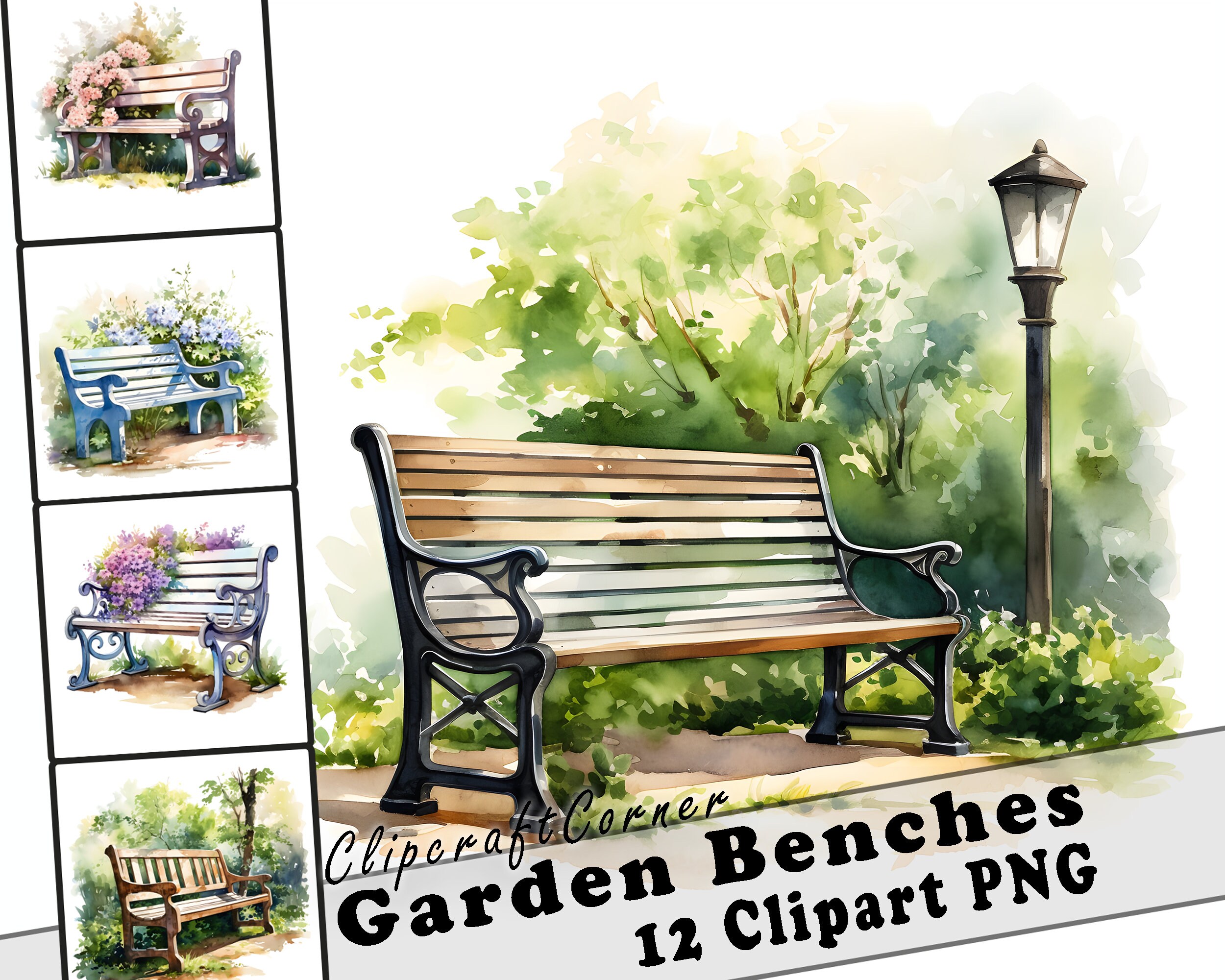 12 Garden Bench Clipart PNG Bundle | Watercolor Bench Clipart PNG ...