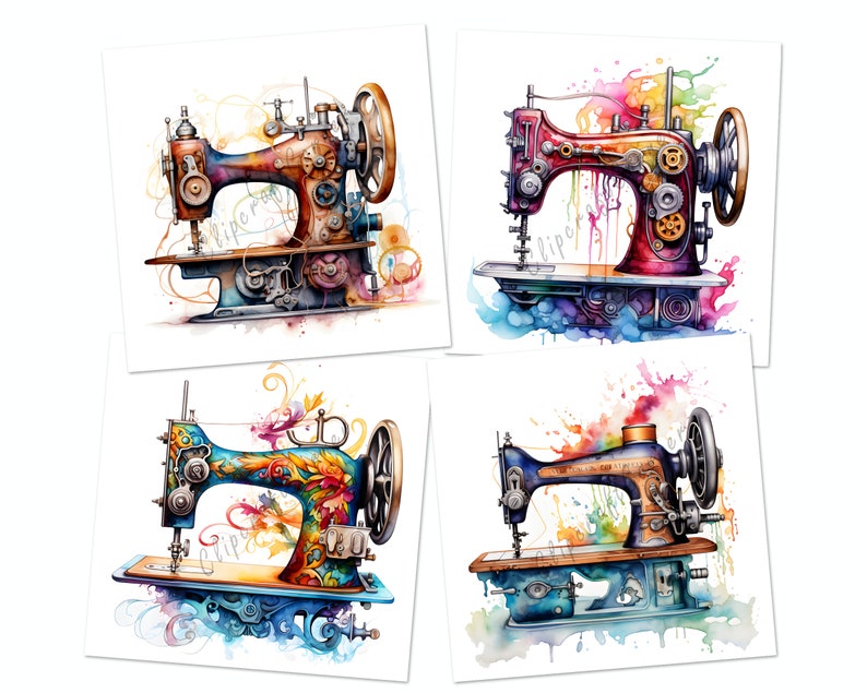 12 Steampunk Sewing Machine Clipart PNG Bundle | Watercolor Steampunk ...