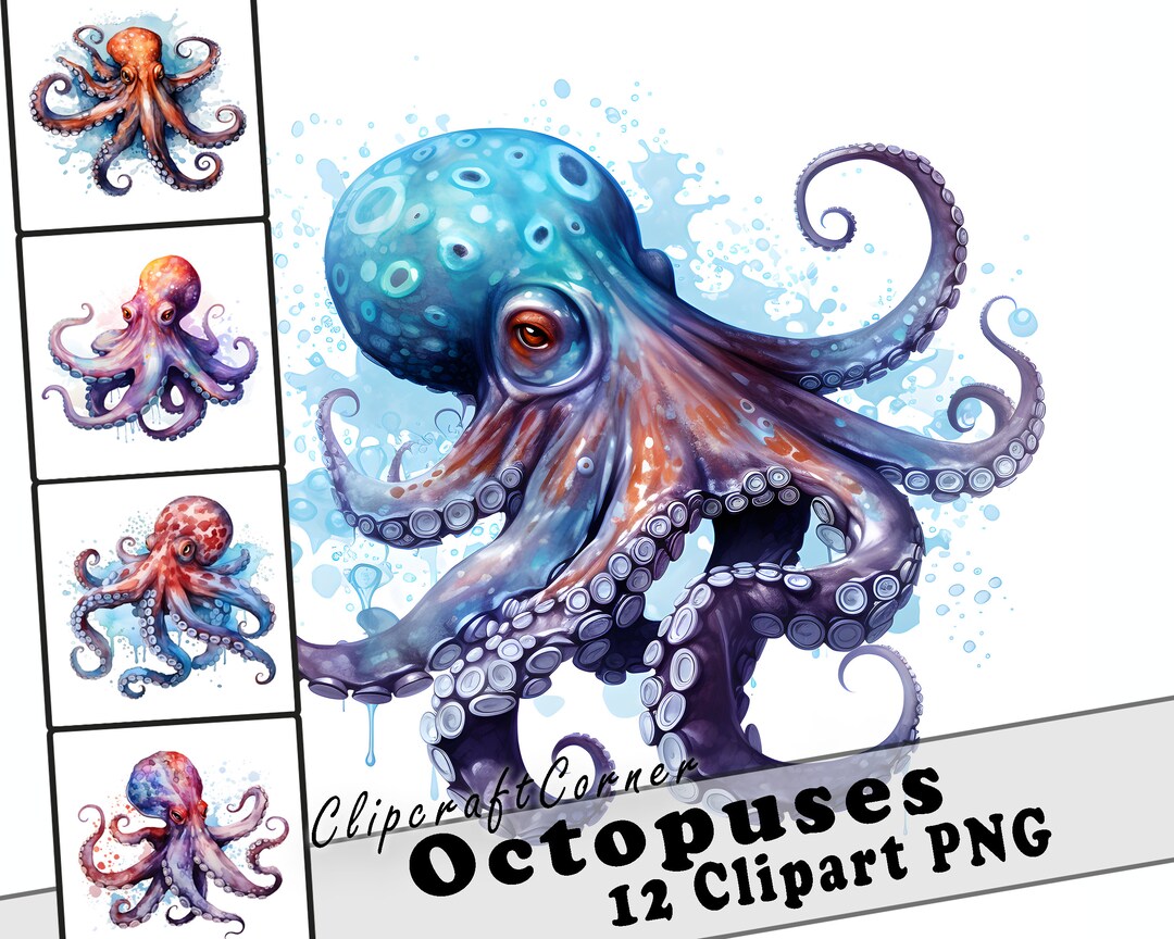 12 Octopus Clipart PNG Bundle | Watercolor Sea Animals Clipart PNG ...