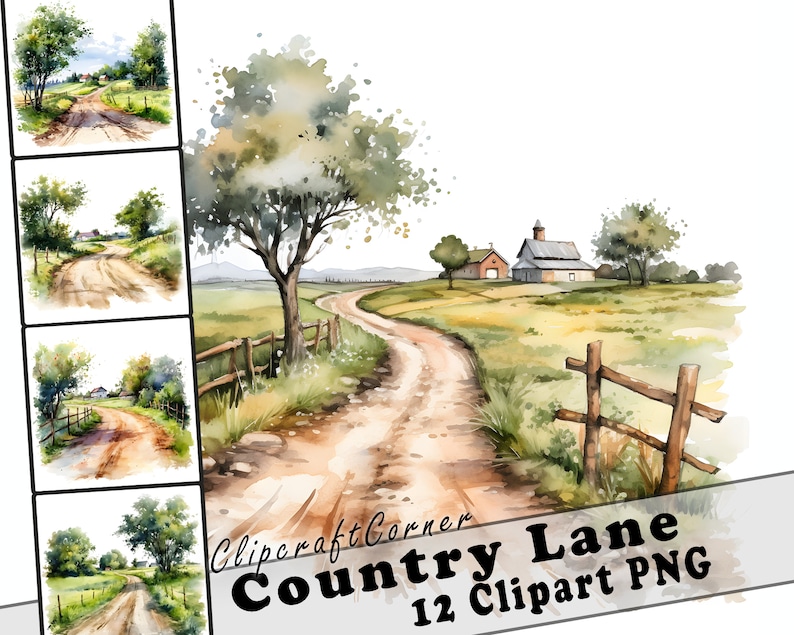12 Country Lanes Clipart PNG Bundle | Watercolor Country Road Clipart ...
