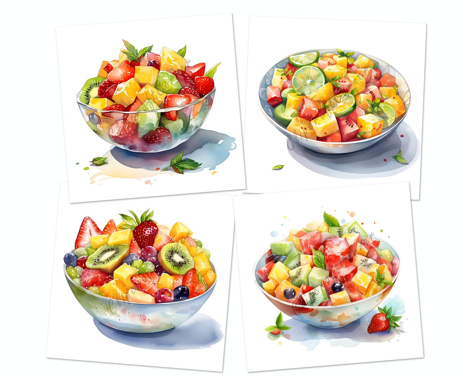 12 Tropical Fruit Salad Clipart PNG Bundle | Tropical Watercolor Food ...