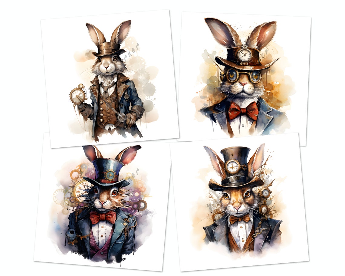 12 Steampunk Hare Clipart PNG Animal Bundle | Watercolor Steampunk Hare ...