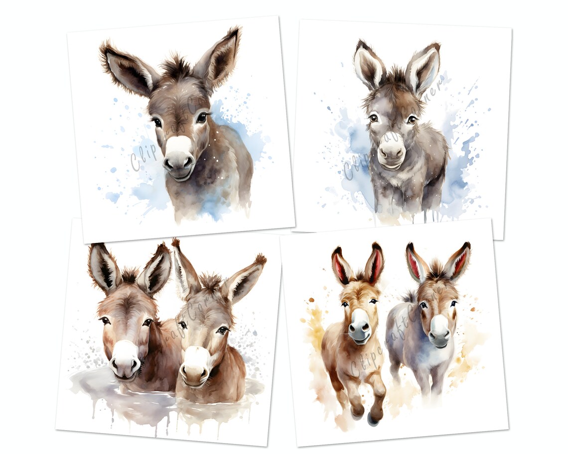 12 Happy Donkeys Clipart PNG Bundle Watercolor Donkey Clipart PNG Farm Animal Clipart PNG ...