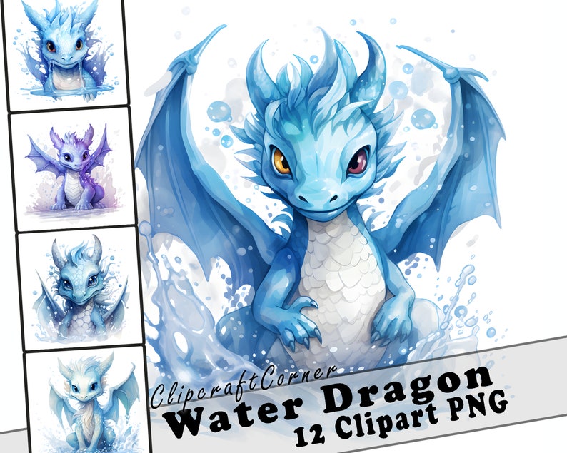 12 Water Dragon Clipart PNG Fairytale Bundle | Magical Watercolor ...