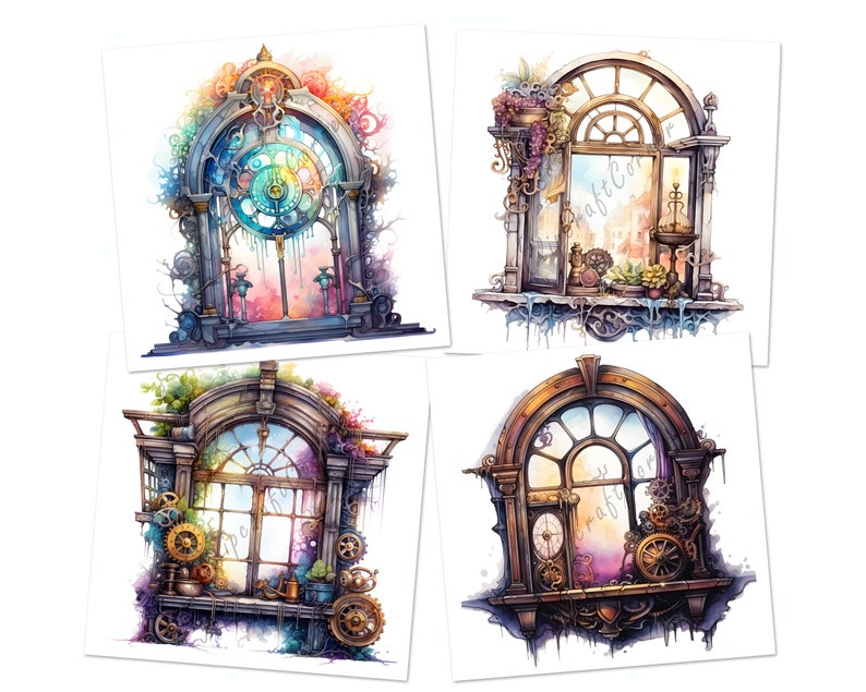 12 Steampunk Window Clipart PNG Bundle Watercolor Steampunk Window ...