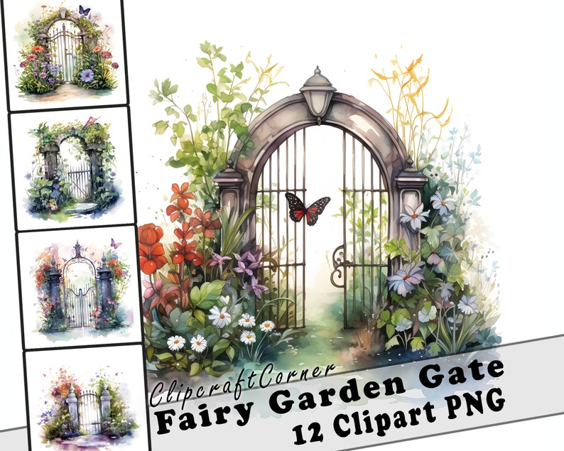 12 Fairy Garden Gate Clipart PNG Fairytale Bundle | Magical Watercolor ...