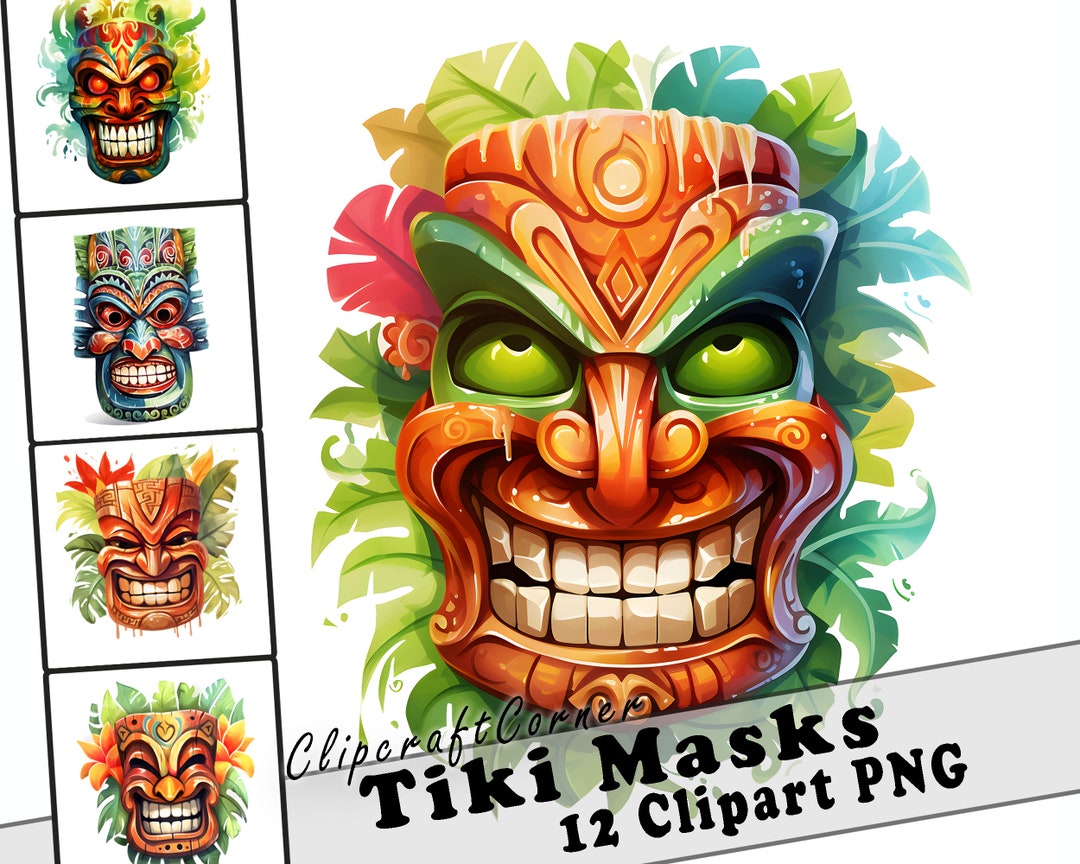 12 Tiki Mask Clipart PNG Bundle | Tropical Watercolor Clipart PNG ...