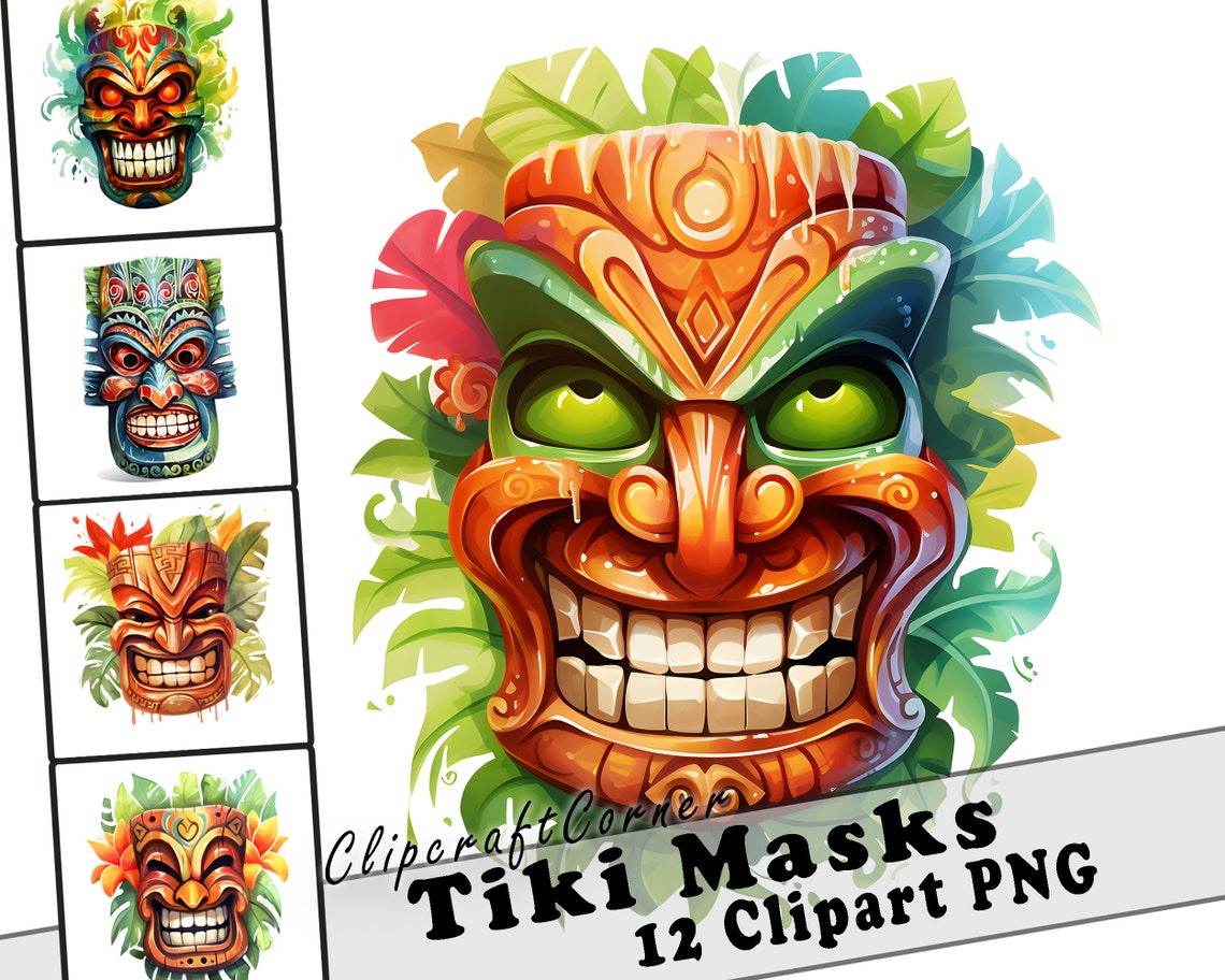 12 Tiki Mask Clipart PNG Bundle Tropical Watercolor Clipart PNG Summer ...