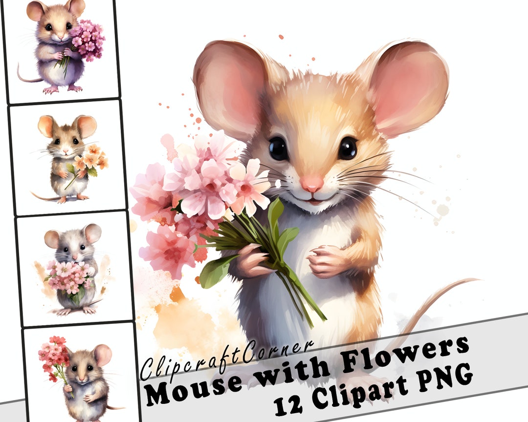 12 Mouse Holding Flowers Clipart PNG Forest Animal Bundle | Watercolor ...