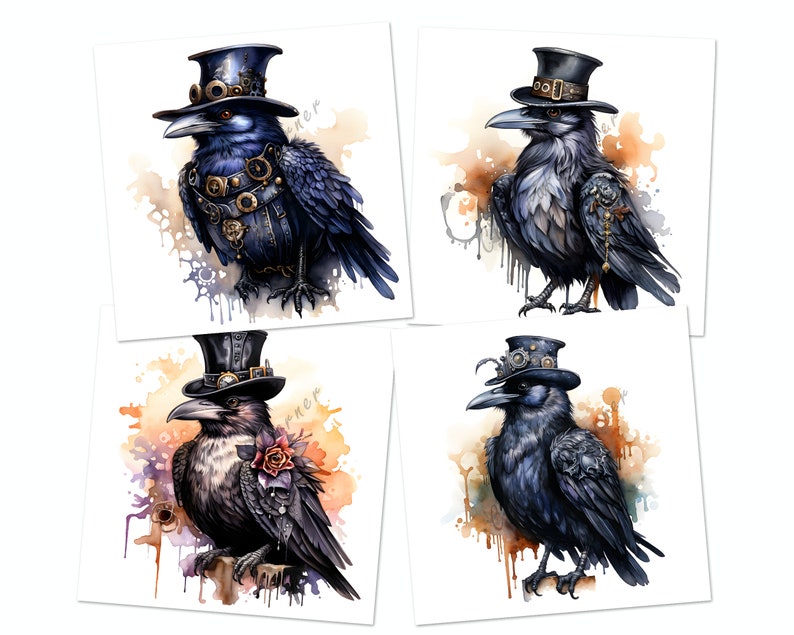 12 Steampunk Crow Clipart PNG Animal Bundle | Watercolor Steampunk Crow ...