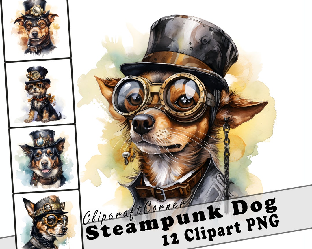 12 Steampunk Dog Clipart PNG Animal Bundle | Watercolor Steampunk Dog ...