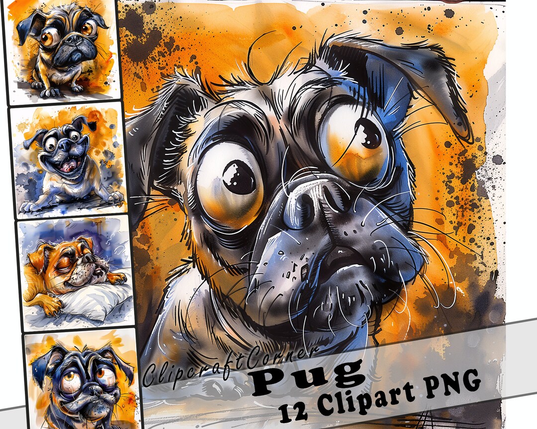 12 Pug Clipart PNG Funny Dog Bundle | Watercolor Dog Caricature Clipart ...