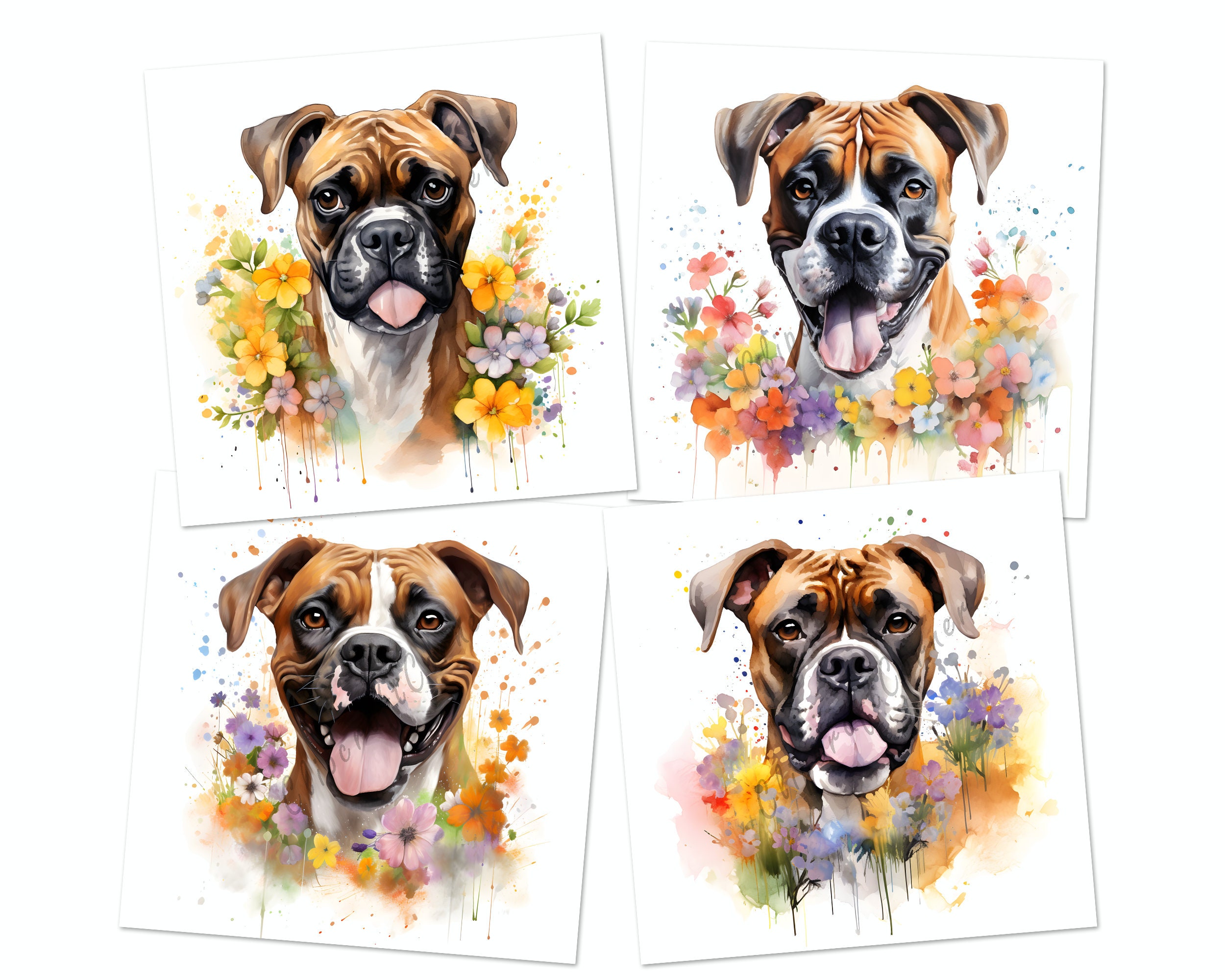 12 Boxer and Flowers Clipart PNG Bundle | Watercolor Dog Clipart PNG ...