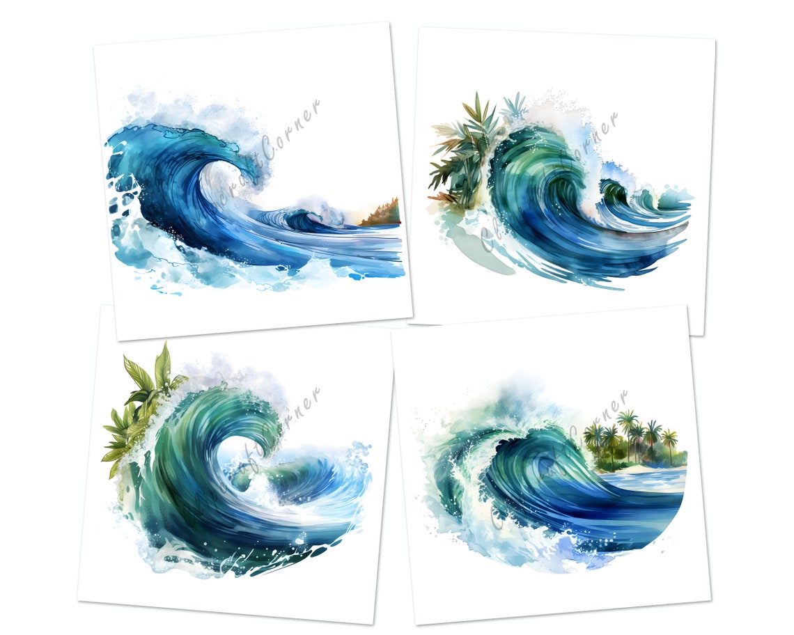 12 Surfing Wave Clipart PNG Bundle Tropical Beach Watercolor Clipart ...