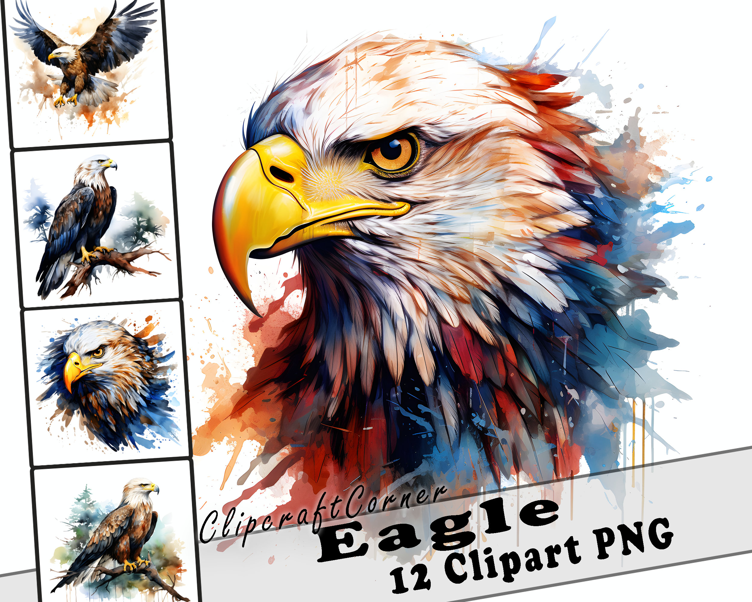 12 Eagle Clipart PNG Art Bundle Watercolor Bird Clipart PNG Artwork 1009 - Etsy