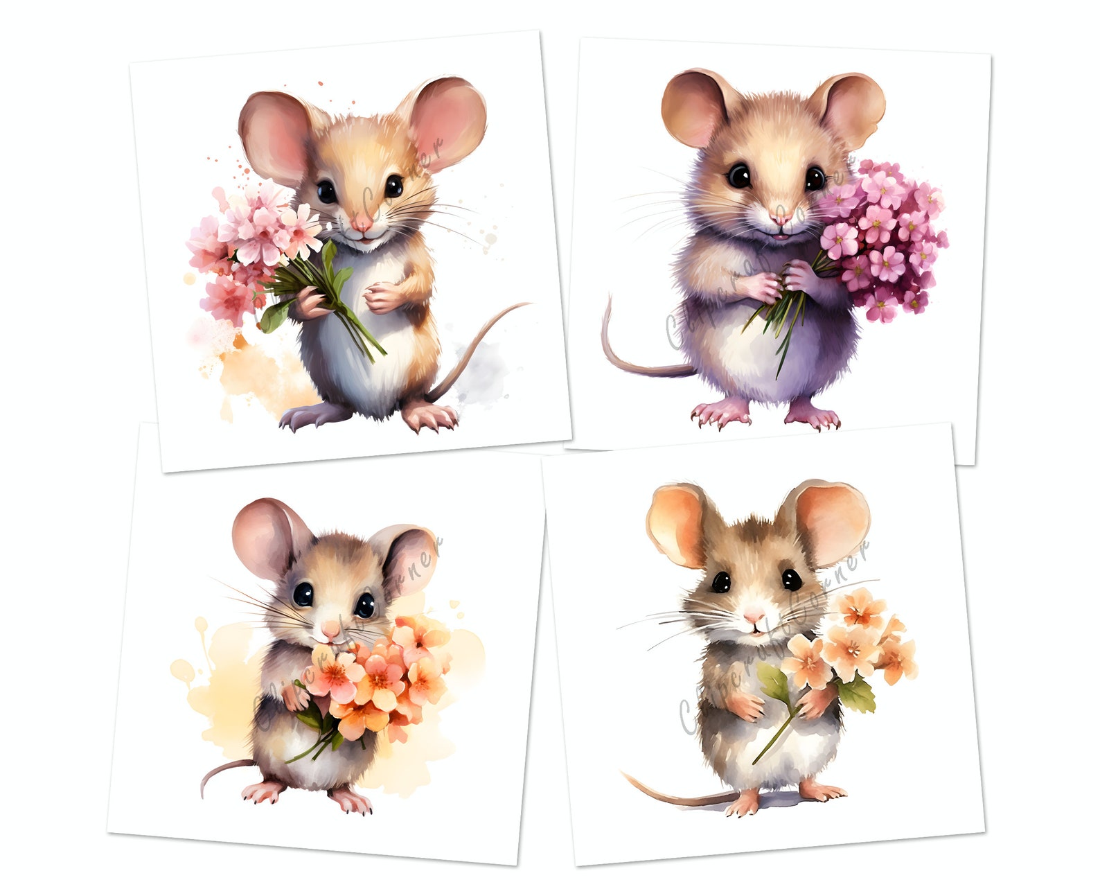 12 Mouse Holding Flowers Clipart PNG Forest Animal Bundle | Watercolor ...
