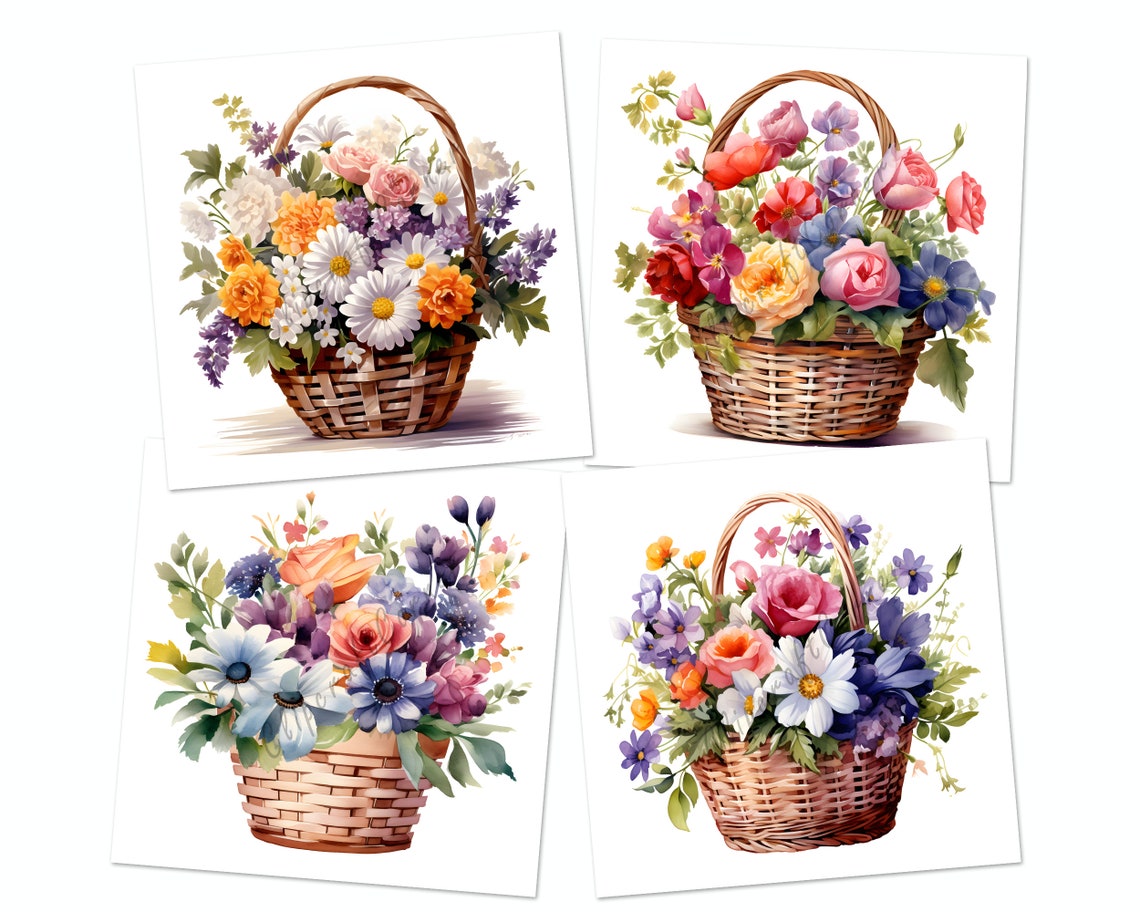 12 Flower Basket Clipart PNG Bundle | Watercolor Flowers Clipart PNG ...
