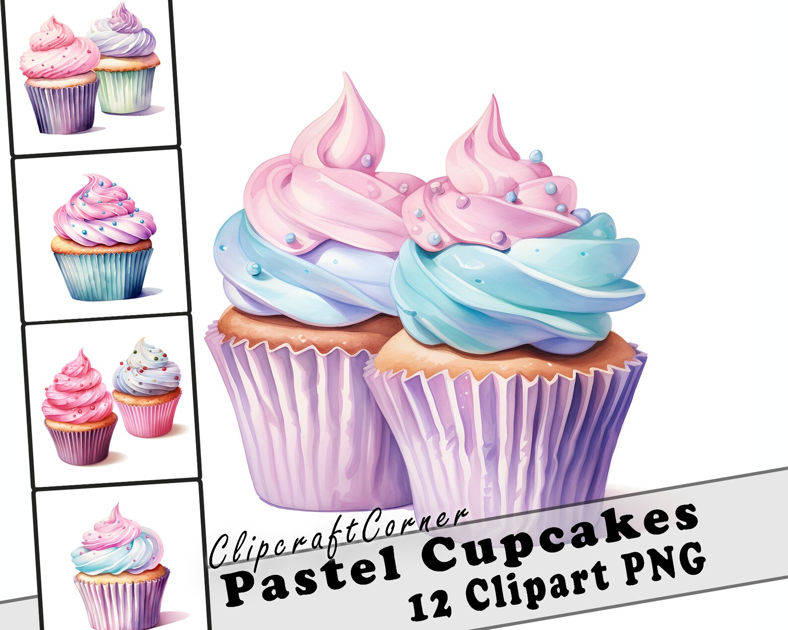 12 Pastel Cupcake Clipart PNG Bundle | Watercolor Dessert Clipart PNG ...