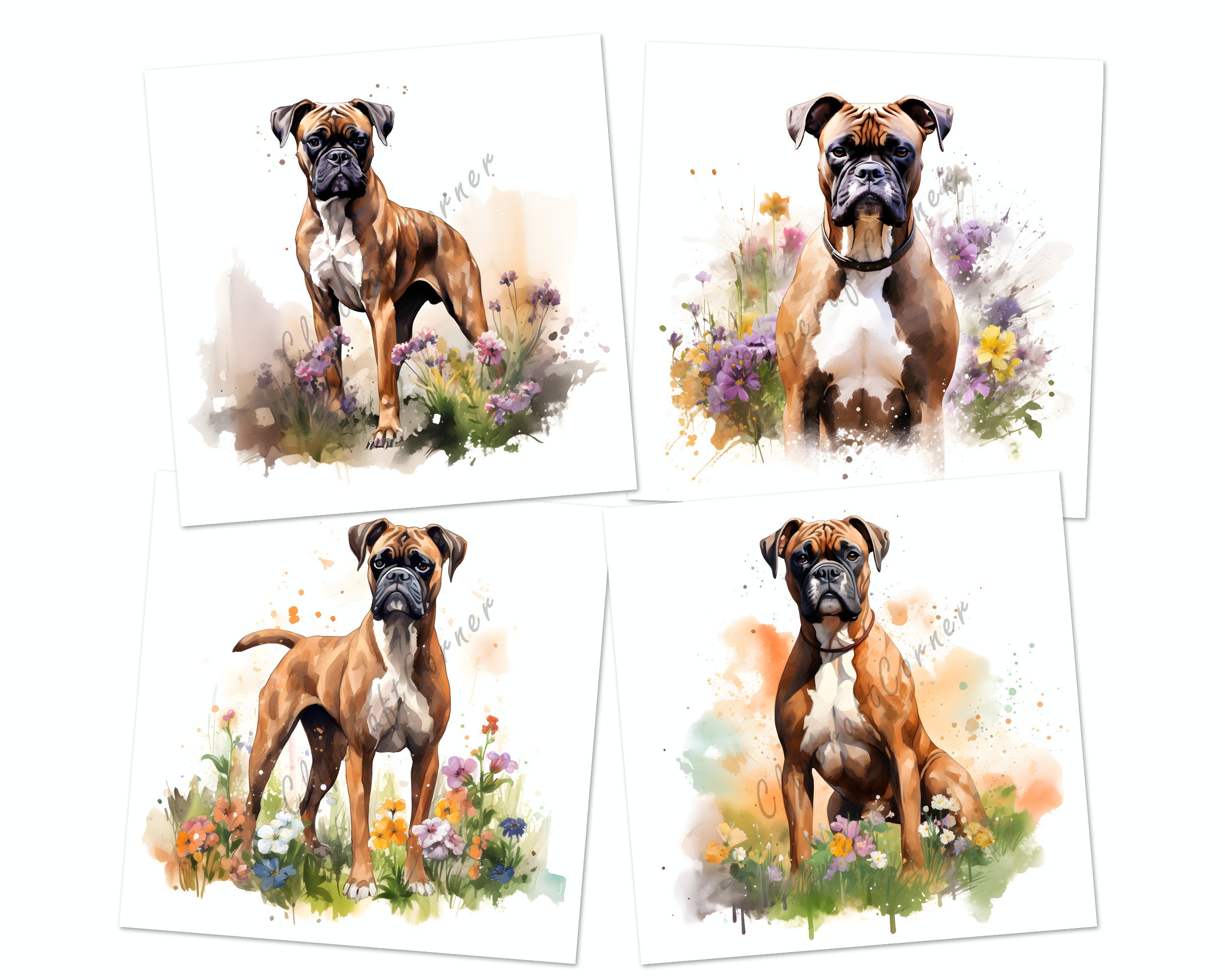 12 Boxer and Flowers Clipart PNG Bundle | Watercolor Dog Clipart PNG ...
