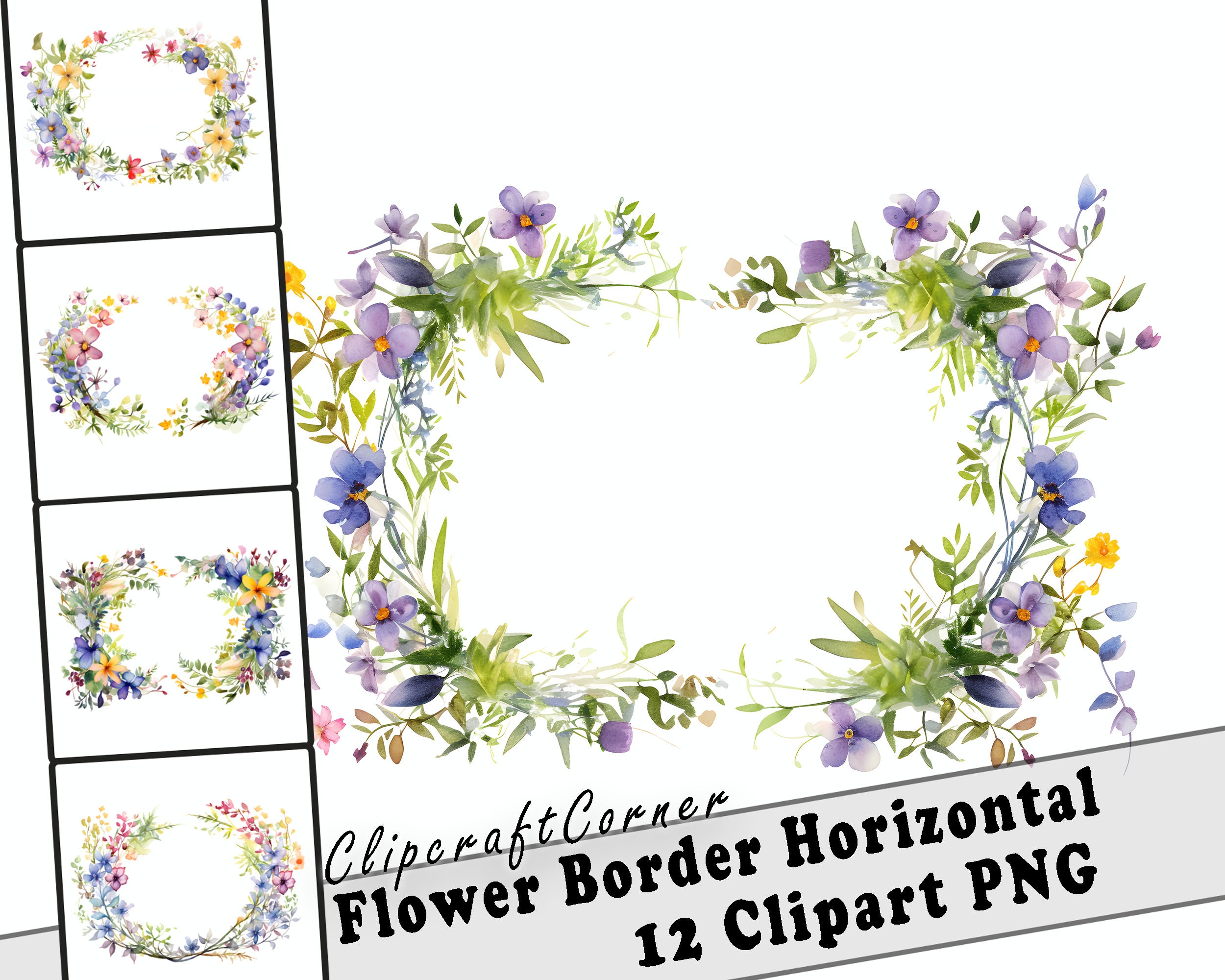 12 Wildflower Frame Clipart PNG | Wild Flower Watercolor Floral Border ...