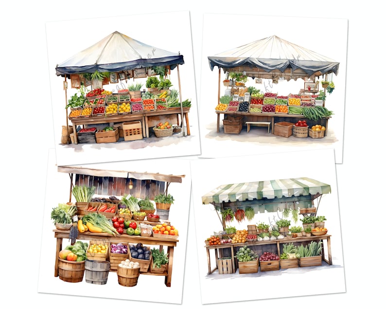 12 Farmers Market Stall Clipart PNG Bundle | Watercolor Market Stall ...