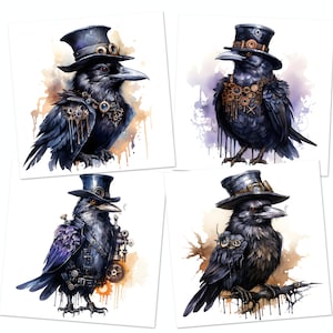 12 Steampunk Crow Clipart PNG Animal Bundle | Watercolor Steampunk Crow ...