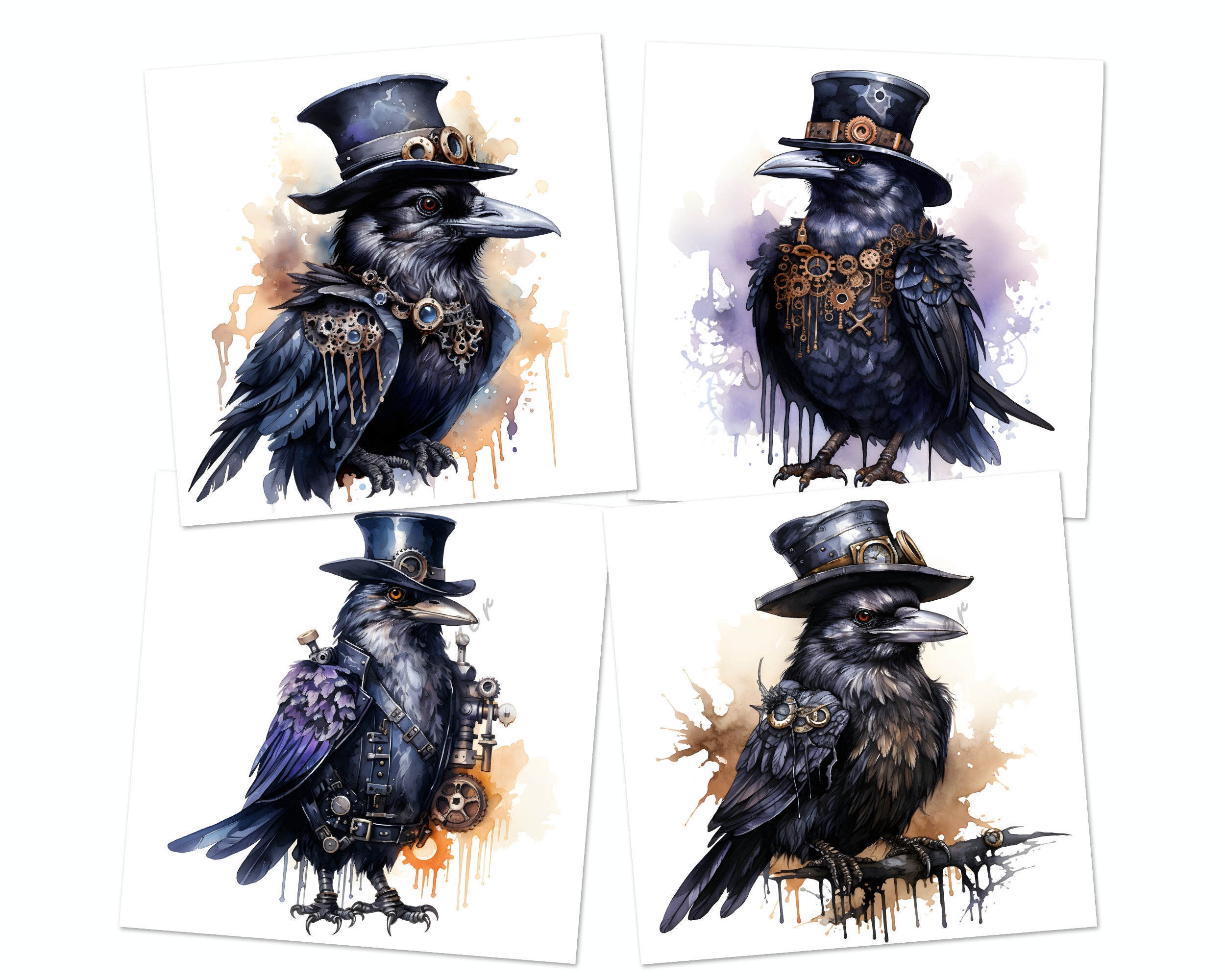12 Steampunk Crow Clipart PNG Animal Bundle | Watercolor Steampunk Crow ...