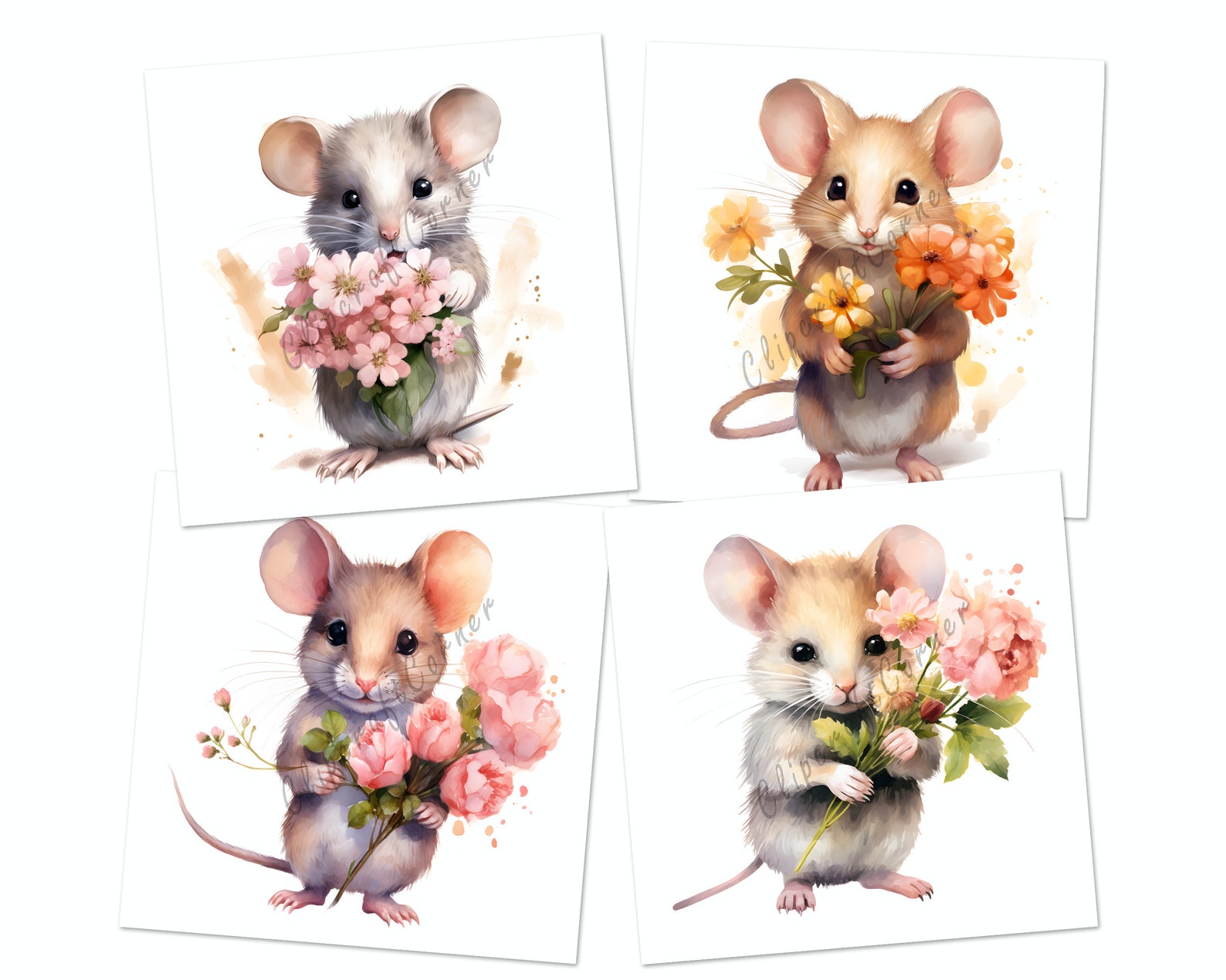 12 Mouse Holding Flowers Clipart PNG Forest Animal Bundle | Watercolor ...
