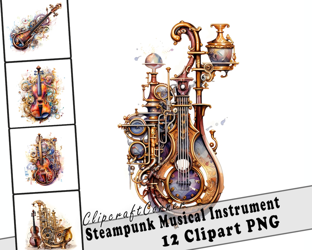 12 Steampunk Musical Instrument Clipart PNG Bundle | Watercolor ...