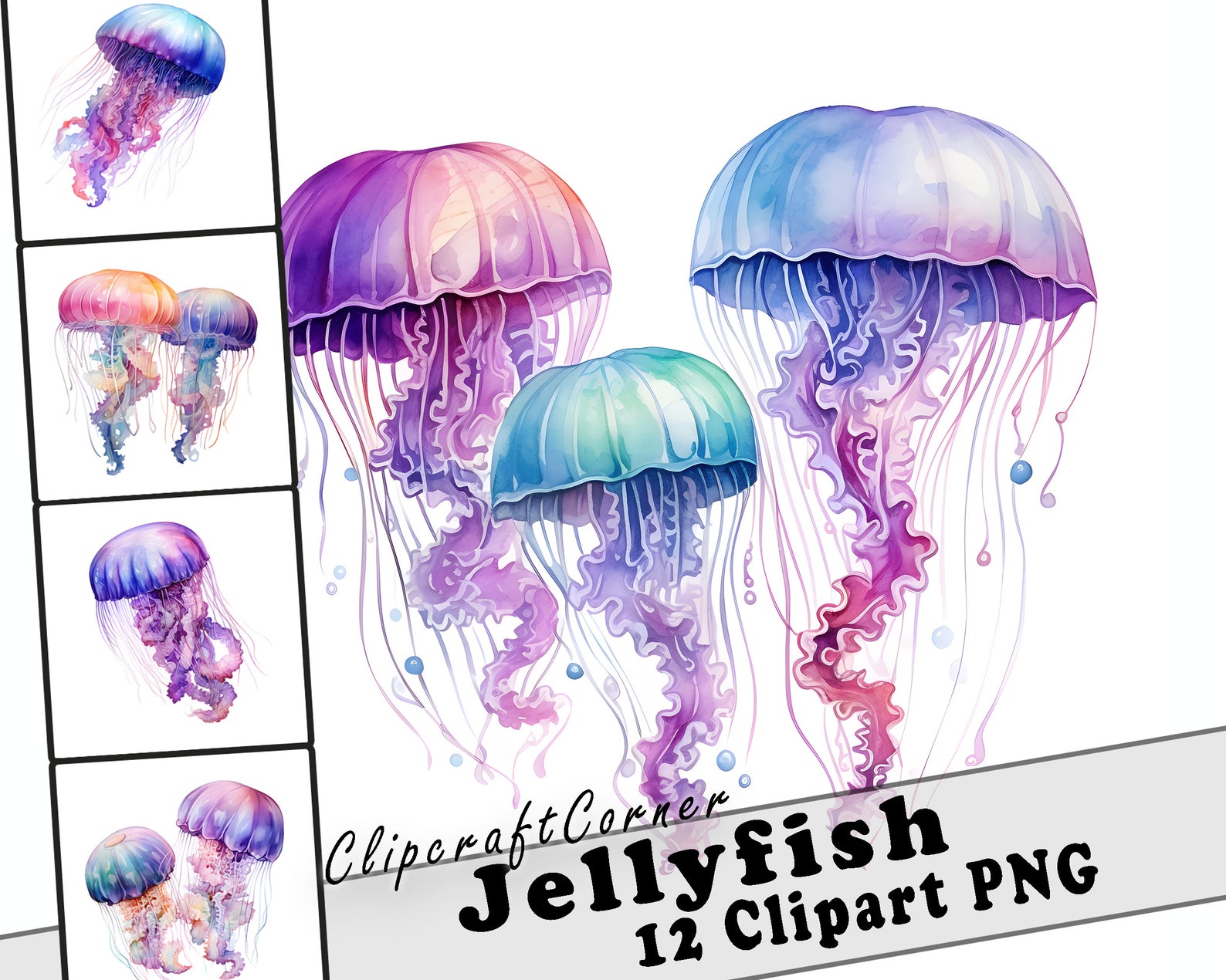 12 Jellyfish Clipart PNG Bundle Watercolor Sea Animals Clipart PNG ...