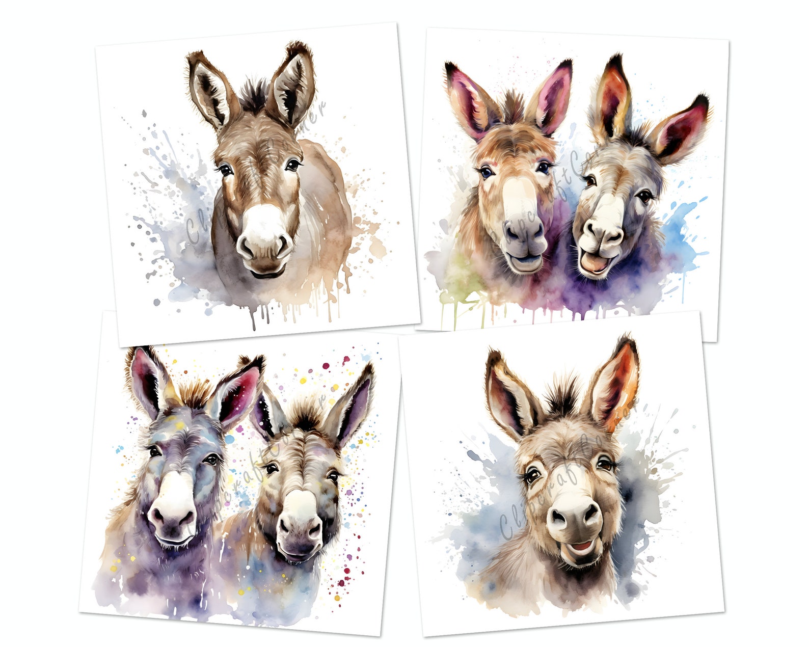 12 Happy Donkeys Clipart PNG Bundle | Watercolor Donkey Clipart PNG ...