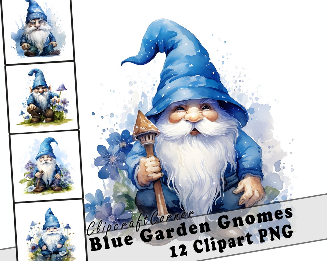 12 Blue Garden Gnomes Clipart PNG Bundle | Watercolor Garden Gnome ...