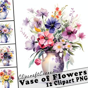 12 Vase of Flowers Bouquet Clipart PNG | Watercolor Wildflowers Floral ...