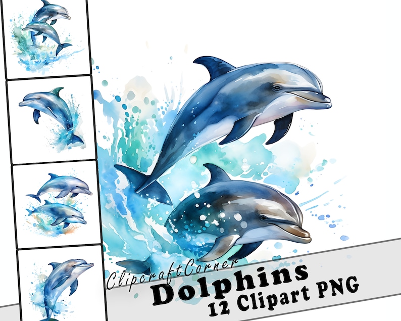 12 Dolphin Clipart PNG Bundle | Watercolor Sea Animals Clipart PNG ...