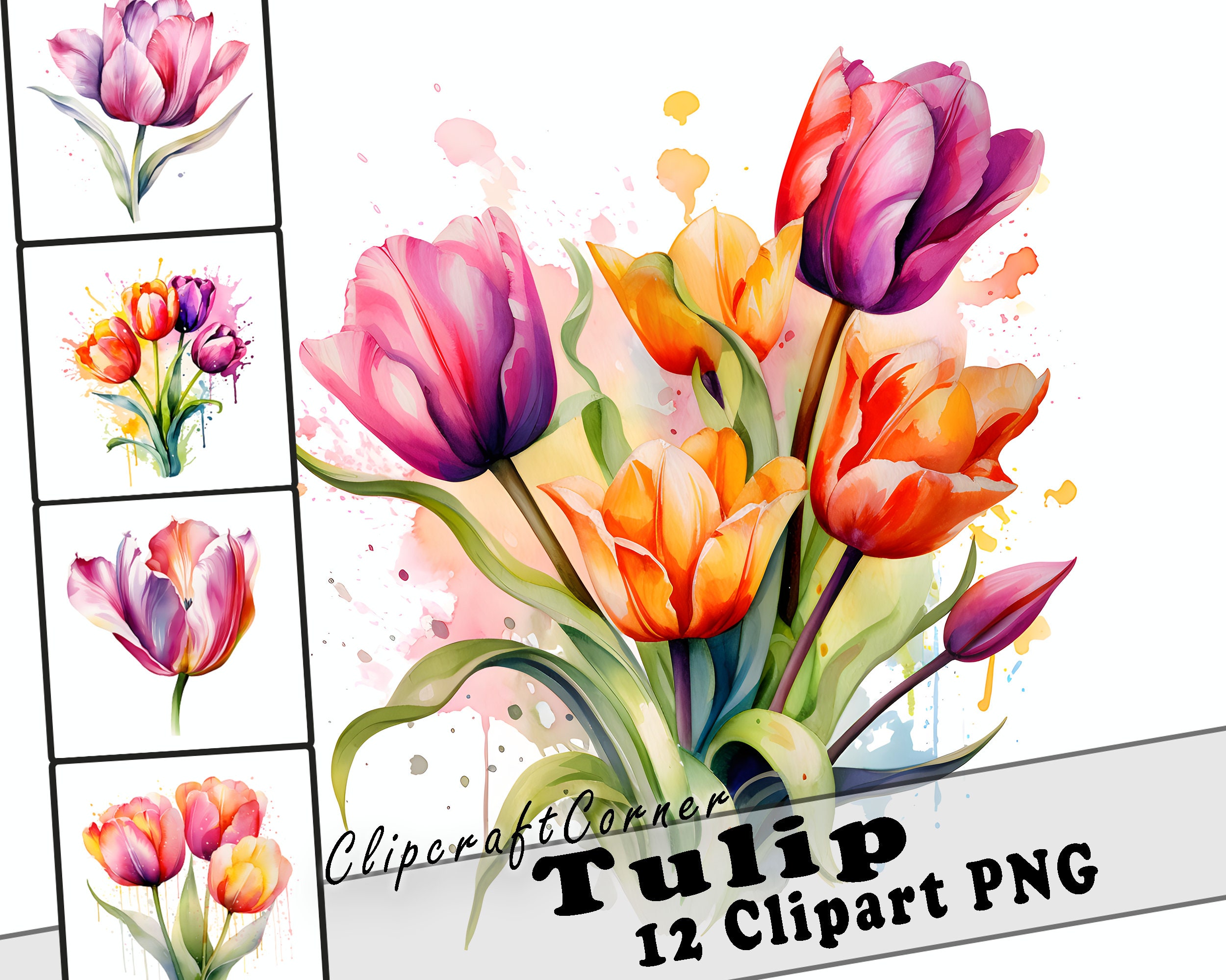 12 Tulip Clipart PNG Art Bundle | Watercolor Flower Clipart PNG Artwork ...