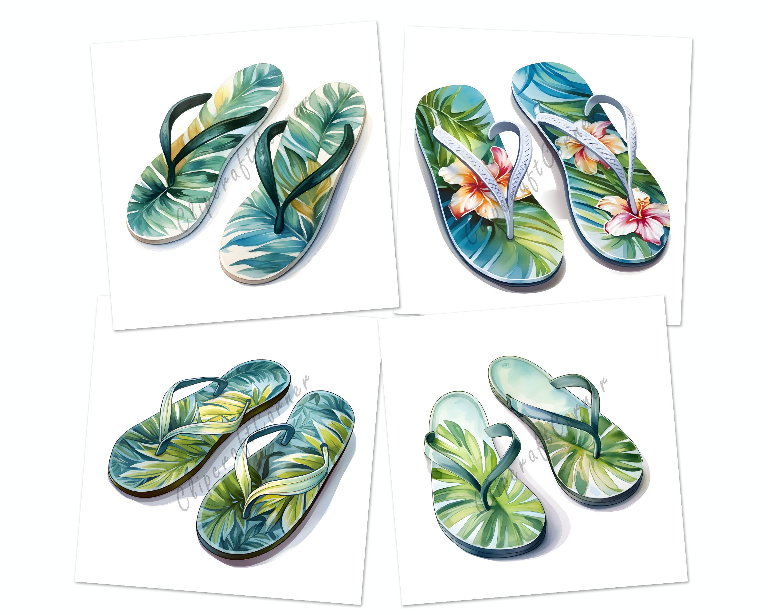 12 Flip Flop Clipart PNG Bundle | Tropical Watercolor Clipart PNG ...