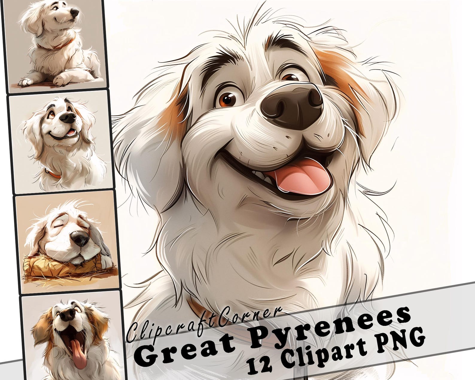 12 Great Pyrenees Clipart PNG Funny Dog Bundle | Watercolor Dog Cartoon ...