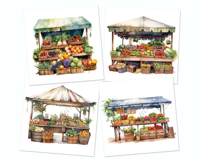 12 Farmers Market Stall Clipart PNG Bundle | Watercolor Market Stall ...