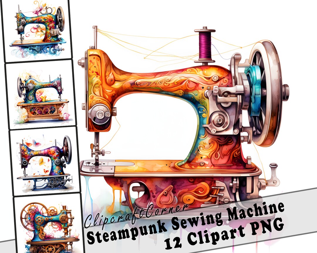 12 Steampunk Sewing Machine Clipart PNG Bundle | Watercolor Steampunk ...